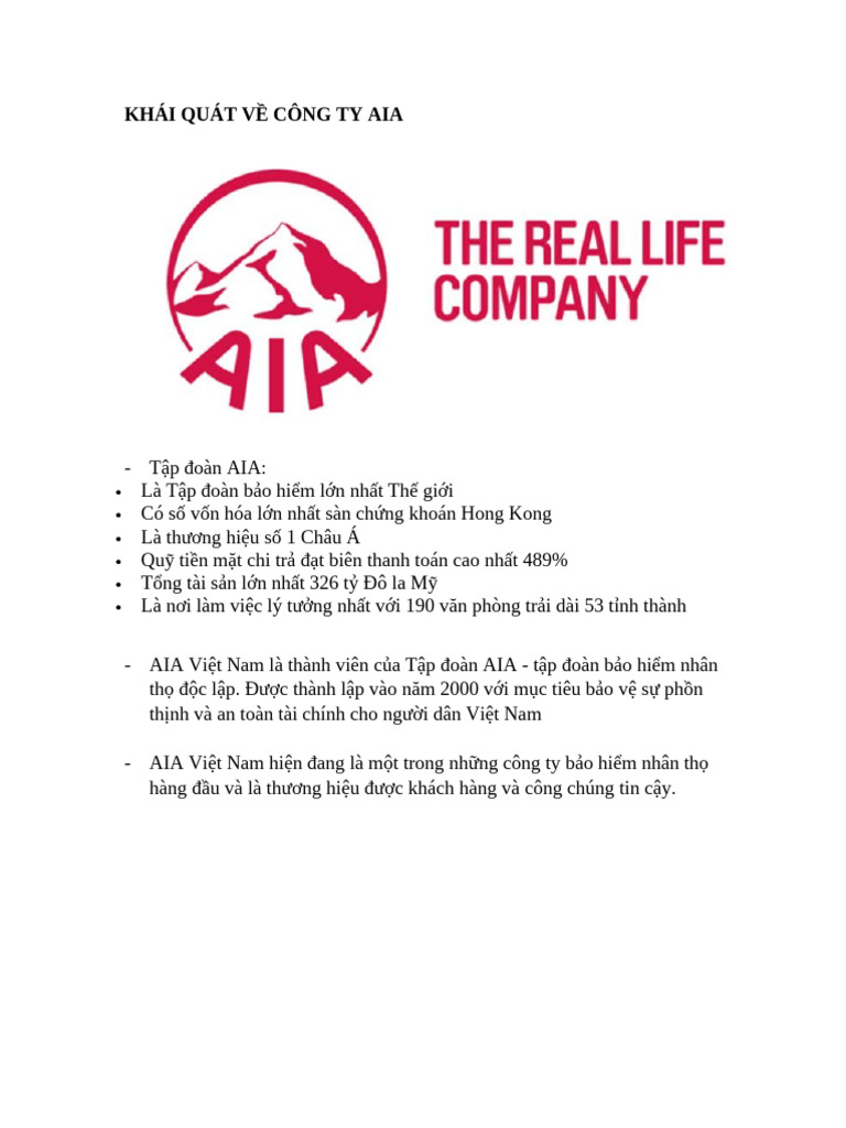 KHÁI QUÁT VỀ CÔNG TY AIA | PDF
