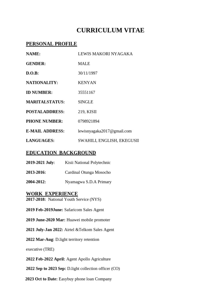 Kisii Male CV of Lewis Makori Nyagaka | PDF