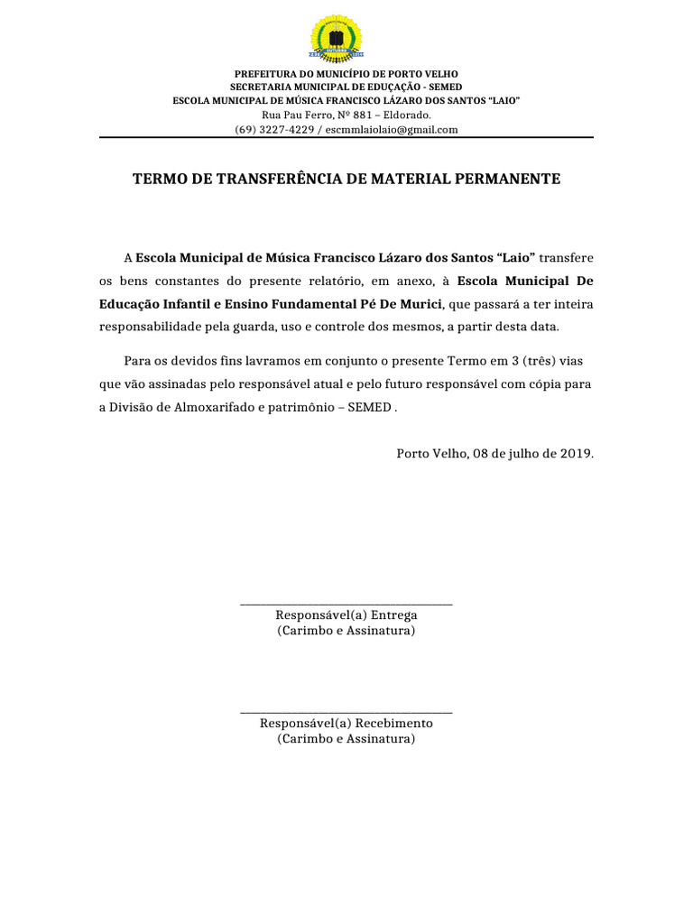 Modelo Termo de Tranferência de Material Permanente | PDF