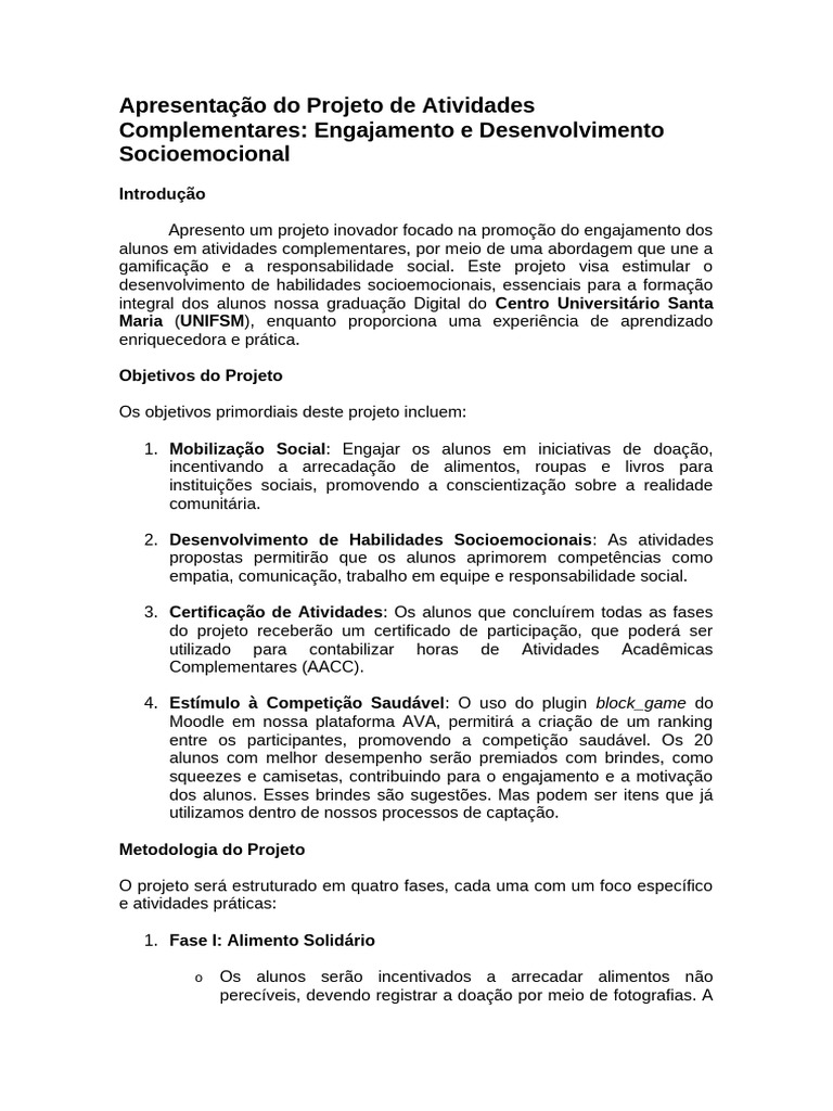Projeto de Atividades Complementares Da UNIFSM DIGITAL | PDF | Aprendizado