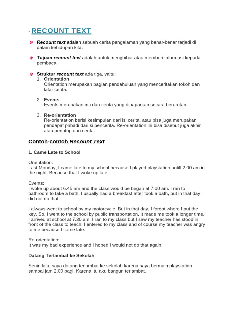RECOUNT TEXT Contoh-Contoh Recount Text Dan Terjemahannya | PDF