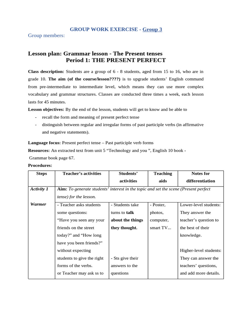 Present Perfect Tense Lesson Plan | PDF | Grammatical Tense | Perfect ...