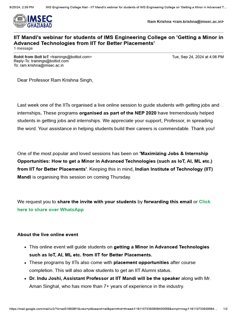 IIT Mandi Webinar: Minor in Advanced Tech | PDF