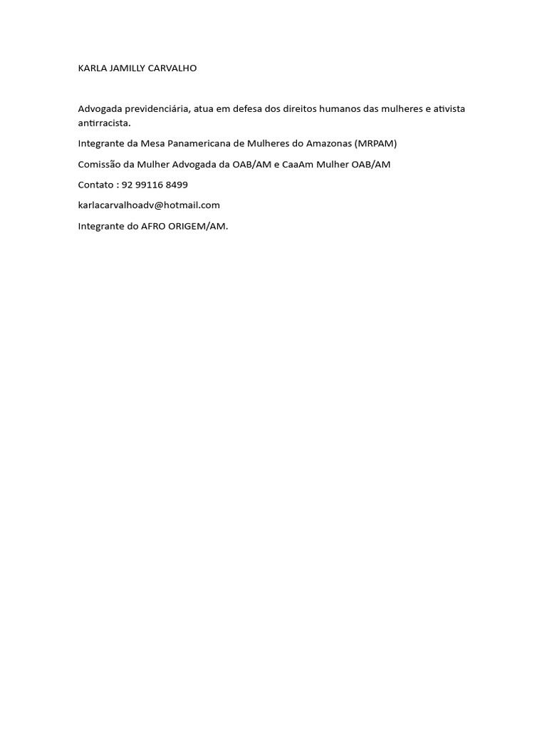 Karla Jamilly Carvalho - Mini Bio | PDF