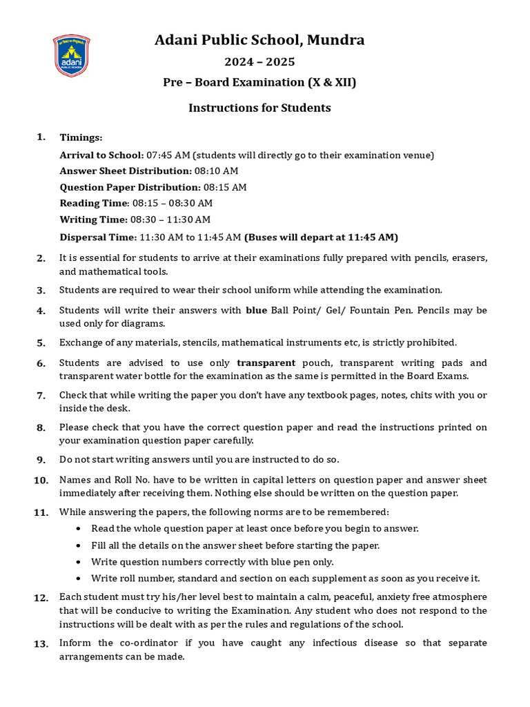 Adani School Pre-Board Exam Guidelines | PDF