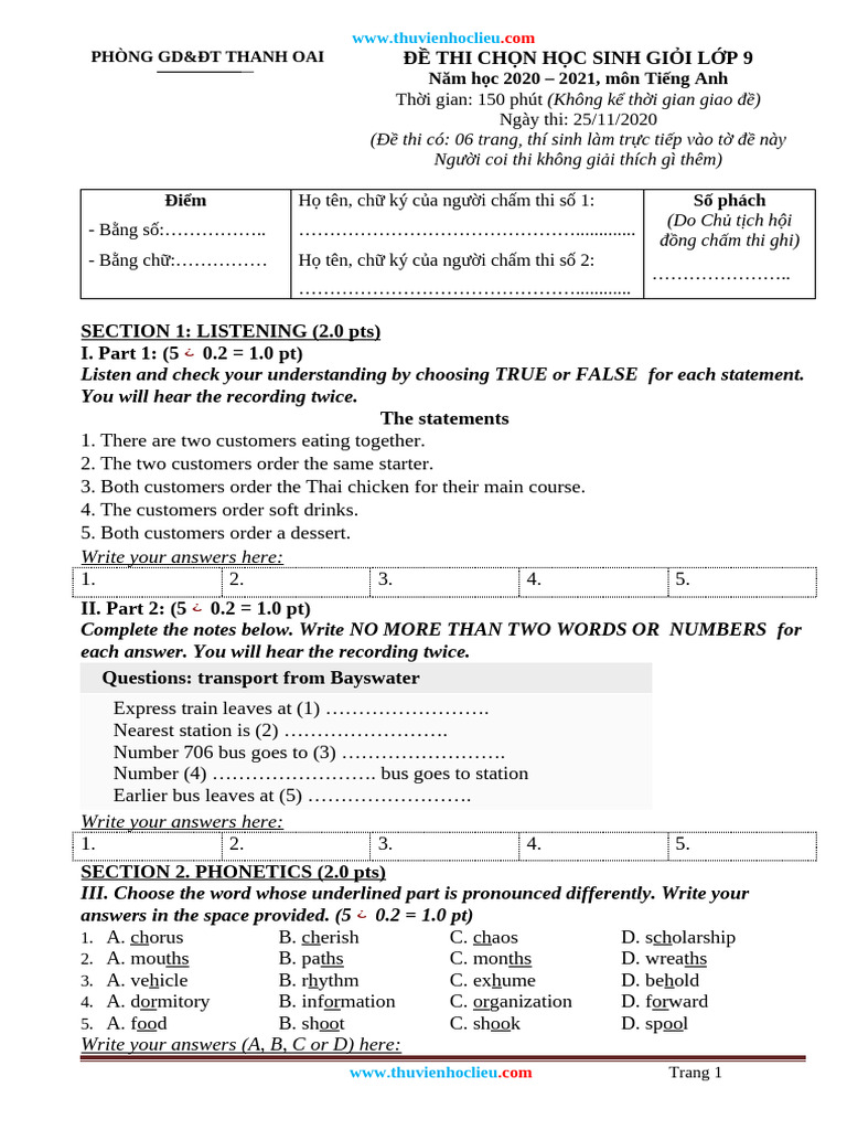 Đề Thi HSG Tiếng Anh Lớp 9 2020-2021 | PDF | Sea | Oceans