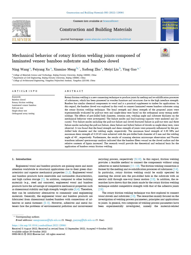 Mechanical Behavior of Rotary Friction Welding Joints Composed of Laminated Venner Bamboo ...