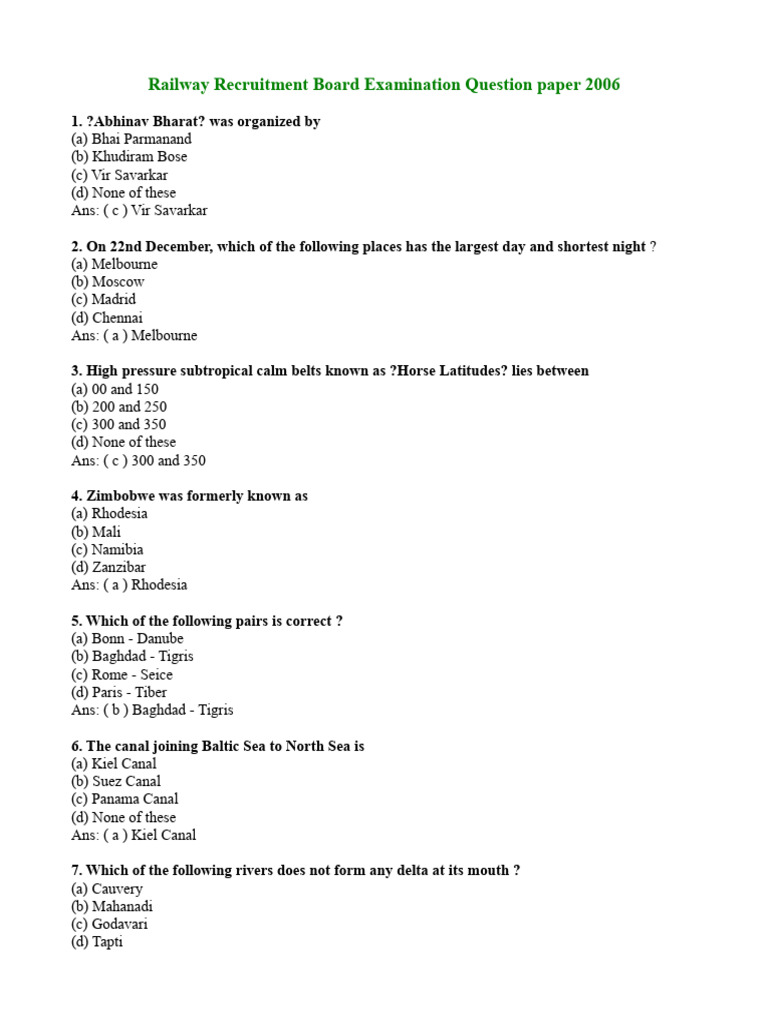 RRB Exam Question Paper 2006 | PDF | Calcium