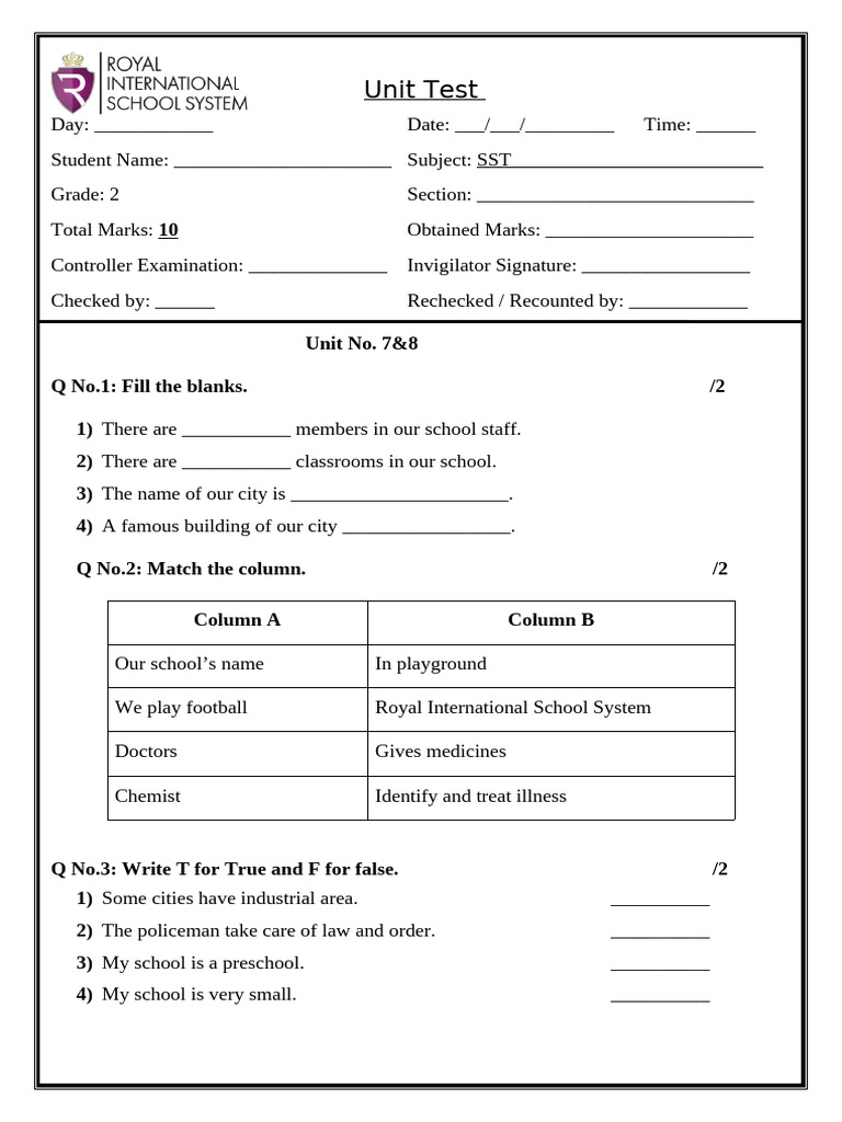 SST Test 4 Grade 2 F | PDF