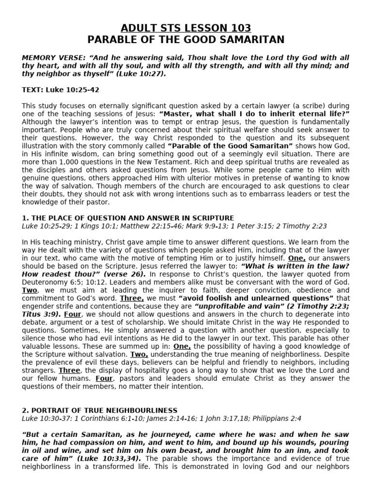Adult STS Lesson 103 - Parable of The Good Samaritan | PDF | Jesus | Disciple (Christianity)