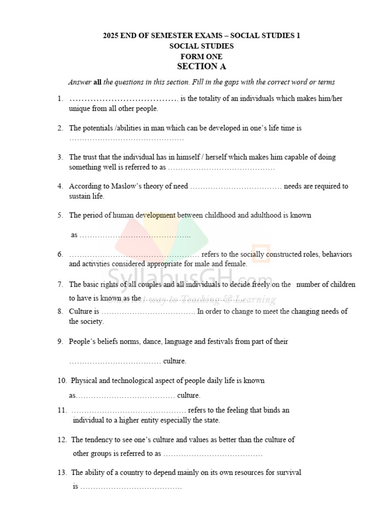 2025 SHS1 End of Semester Exams Social Studies 1 | PDF | Liberal Arts ...