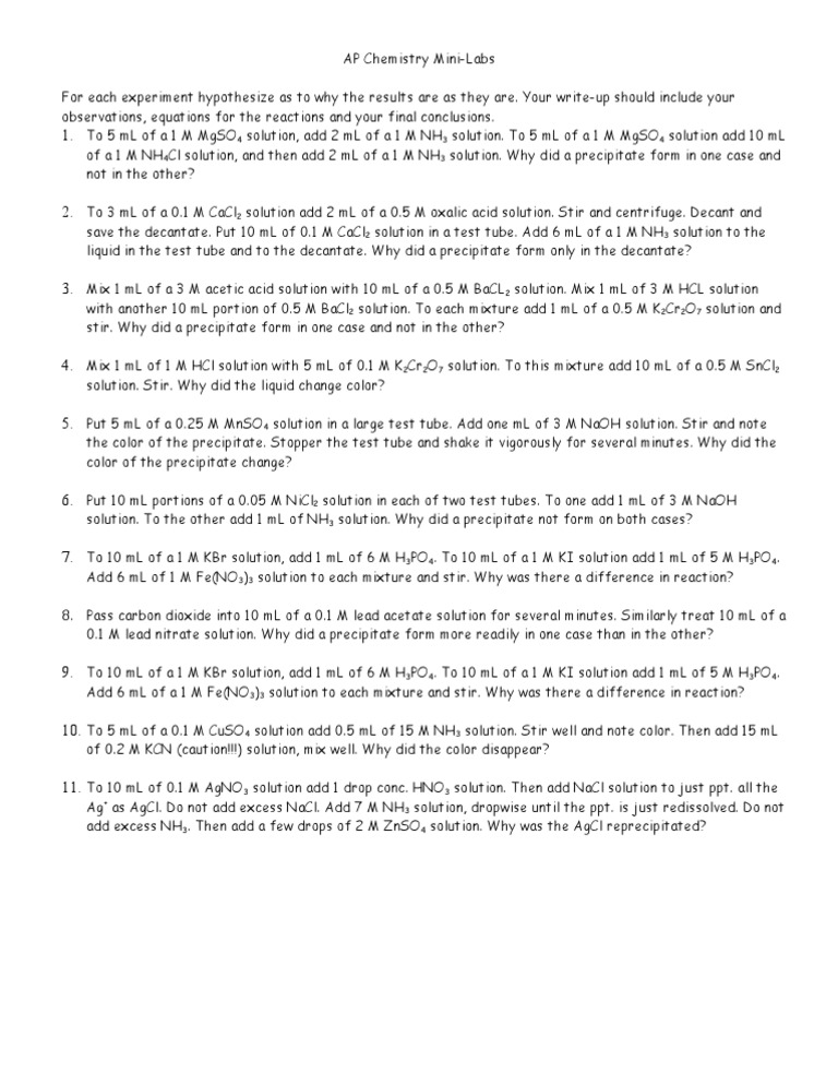 AP Chemistry Mini-Labs | PDF | Precipitation (Chemistry) | Solution