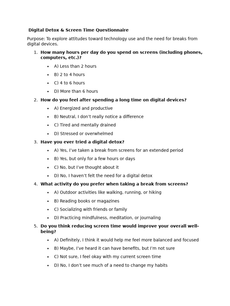 Digital Detox & Screen Time Questionnaire | PDF