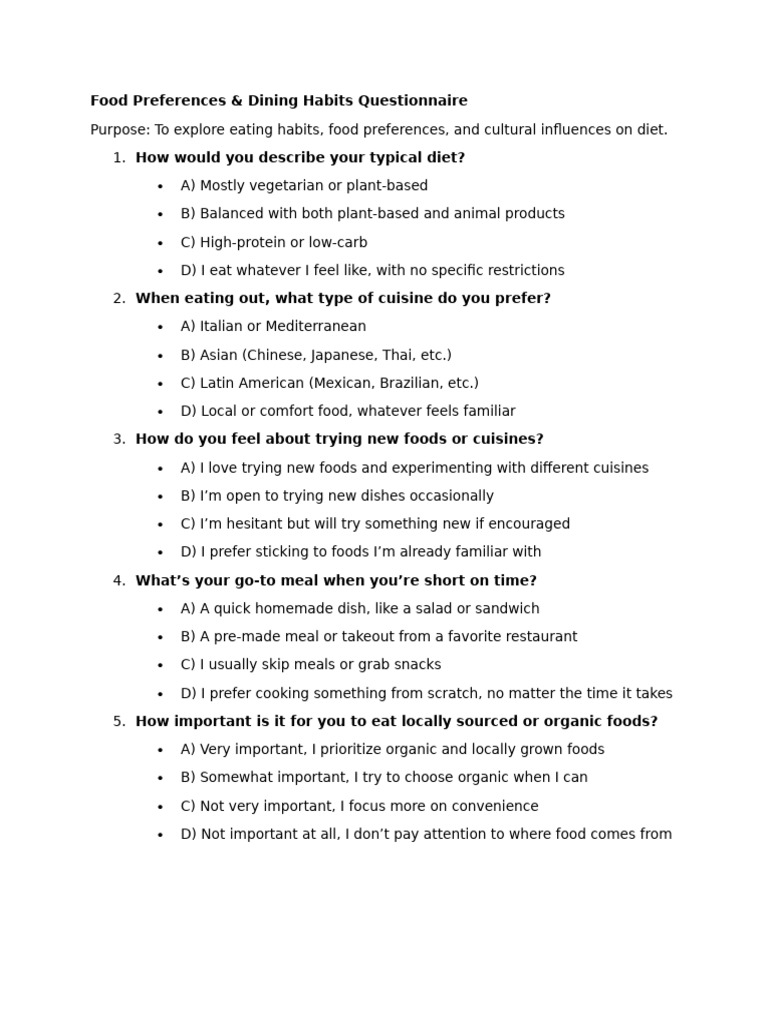 Food Preferences & Dining Habits Questionnaire | PDF