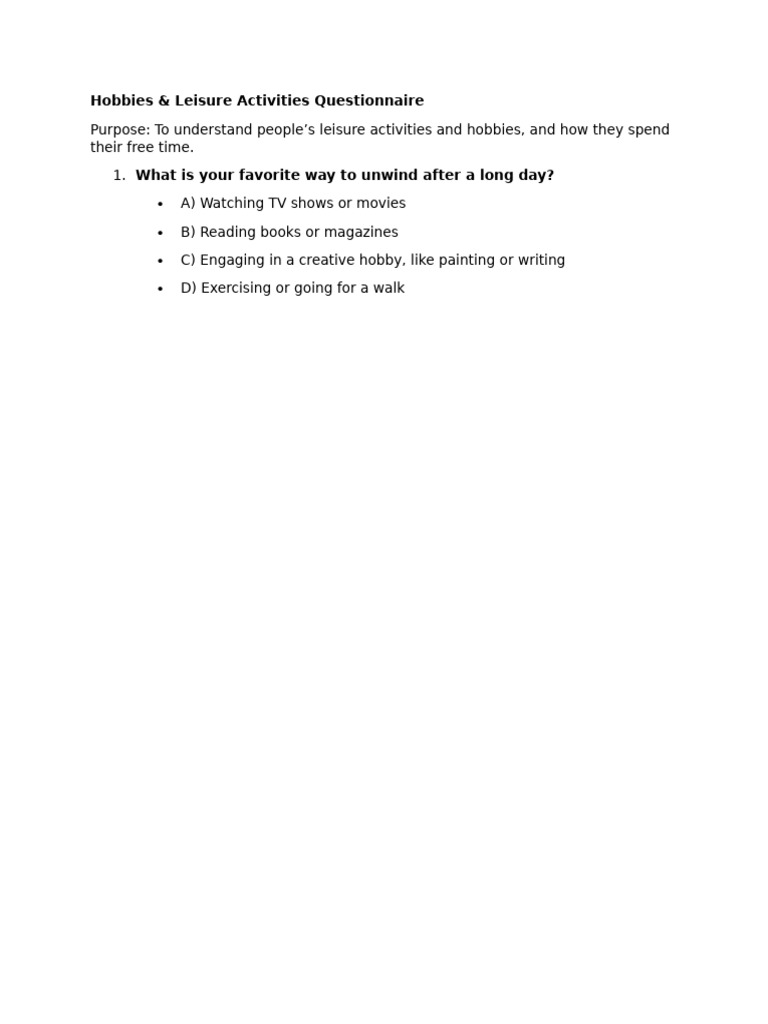 Hobbies & Leisure Activities Questionnaire | PDF