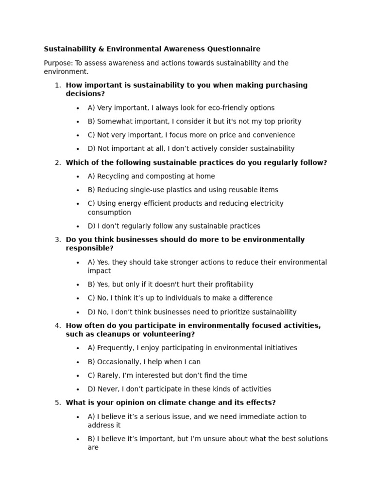 Sustainability & Environmental Awareness Questionnaire | PDF