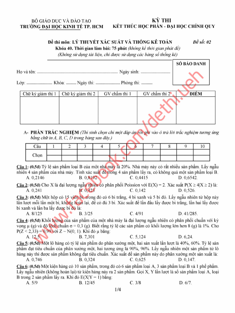 Đề Thi KTHP K40 Ueh Đề 02 | PDF