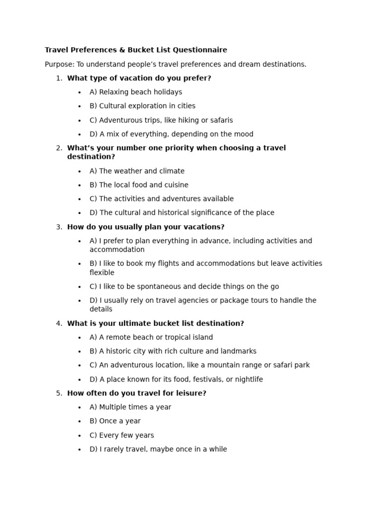 Travel Preferences & Bucket List Questionnaire | PDF