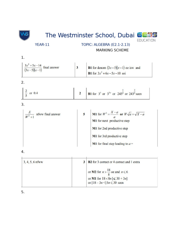 Westminster School Year 11 Algebra Marking Scheme | PDF