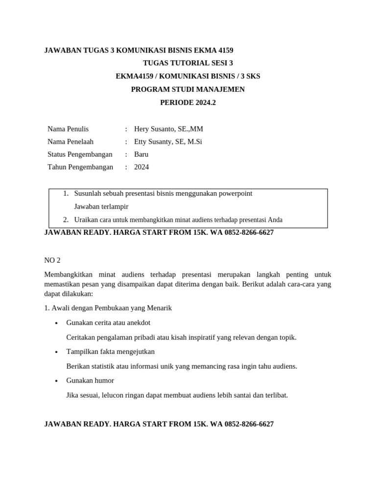Jawaban Tugas 3 Komunikasi Bisnis Ekma 4159 | PDF