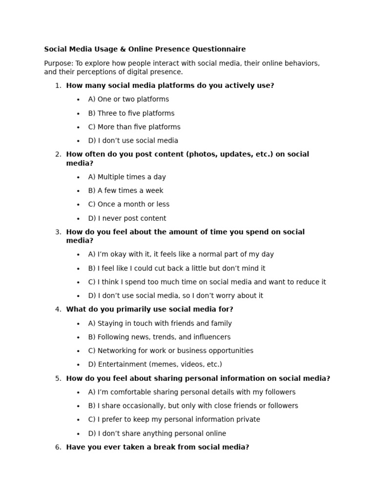 Social Media Presence Questionnaire | PDF