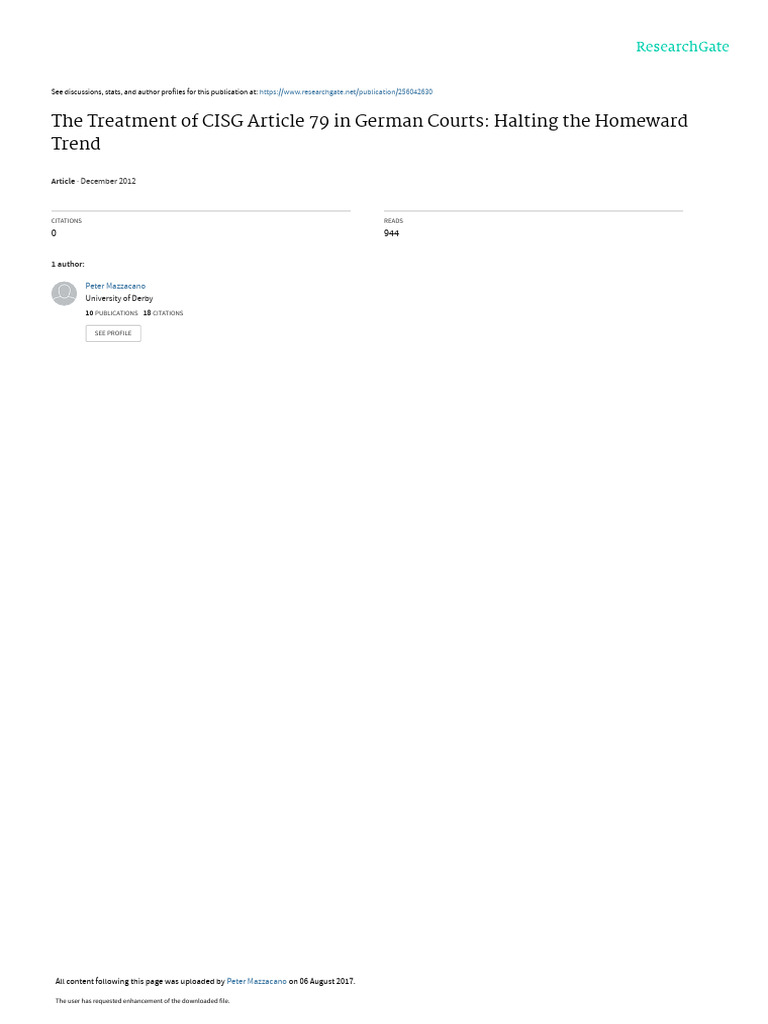 The Treatment of CISG Article 79 in German Courts Halting The Homeward Trend P. Mazzecano | PDF ...