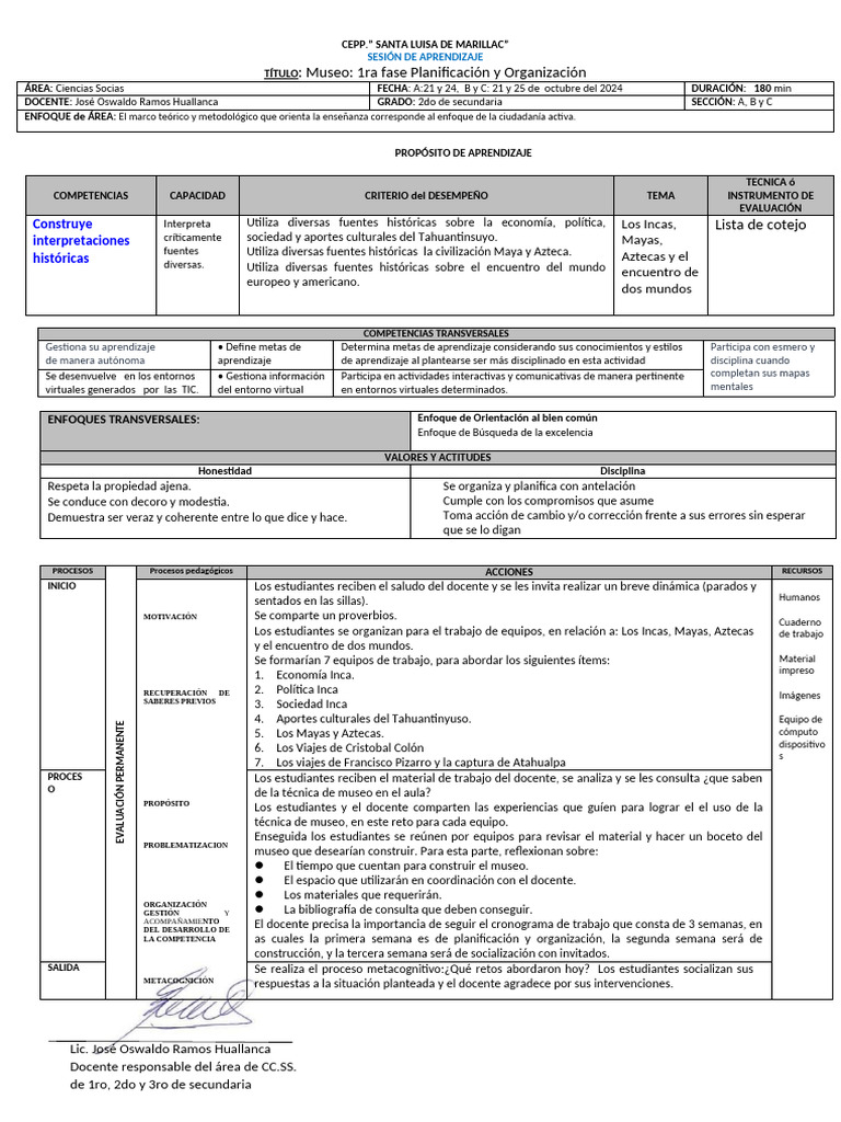 Sesión de Aprendizaje 21 y 25 Oct Del 2024 CC - SS. 2DO 7ma Unidad | PDF | Aprendizaje | Evaluación