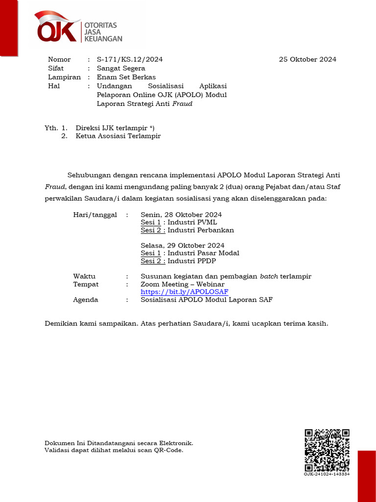 S-171.KS.12.2024 - 251024 - Undangan Sosialisasi Aplikasi Pelaporan Online OJK APOLO Modul ...