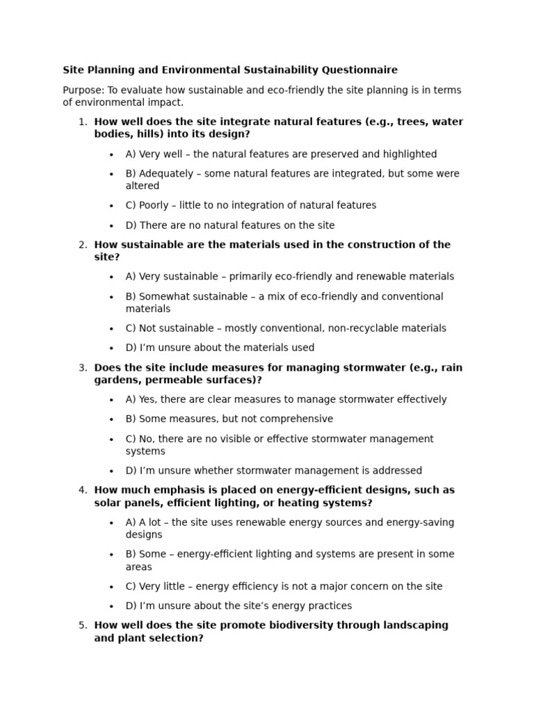 Site Planning and Environmental Sustainability Questionnaire | PDF ...