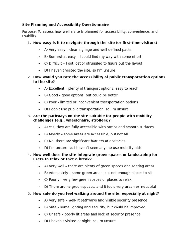 Site Planning and Accessibility Questionnaire | PDF