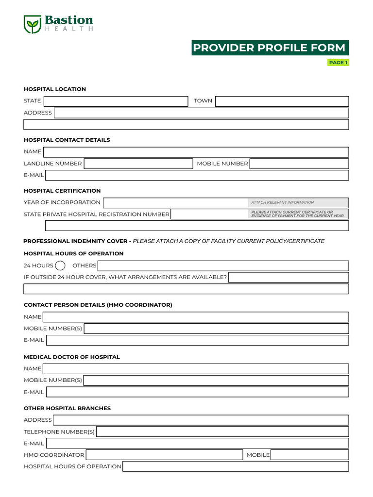 Bastion Health Provider Profile Form 2024 | PDF | Pharmacy | Hospital