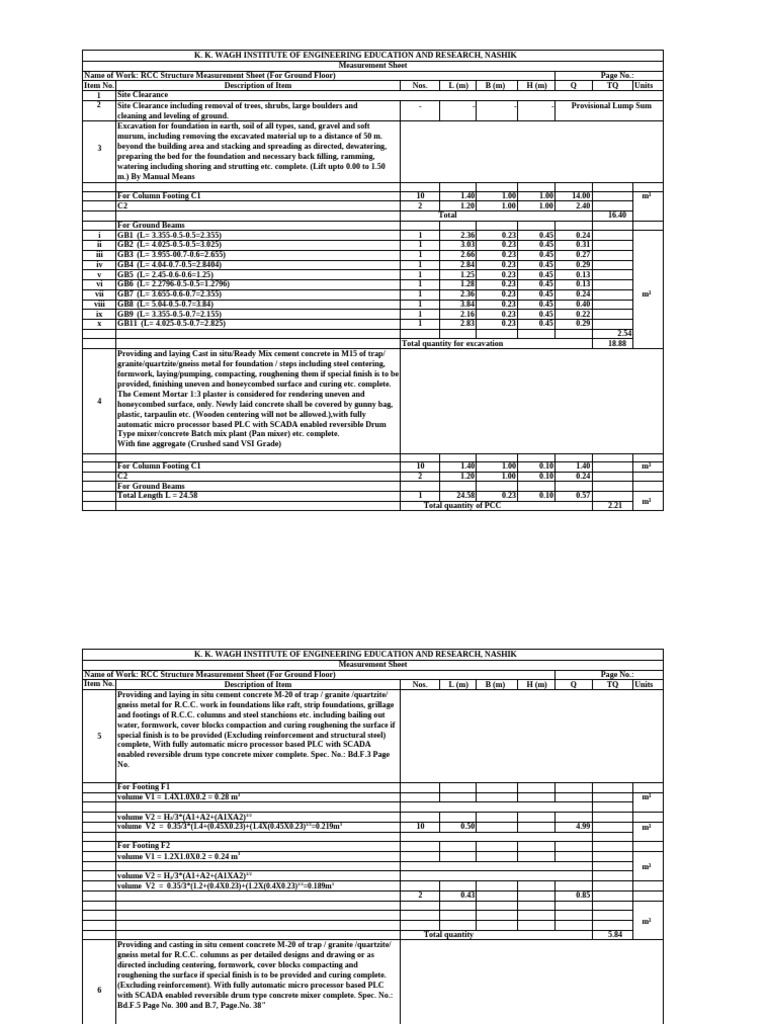 RCC Measurement Sheet for Ground Floor | PDF | Concrete | Secondary ...