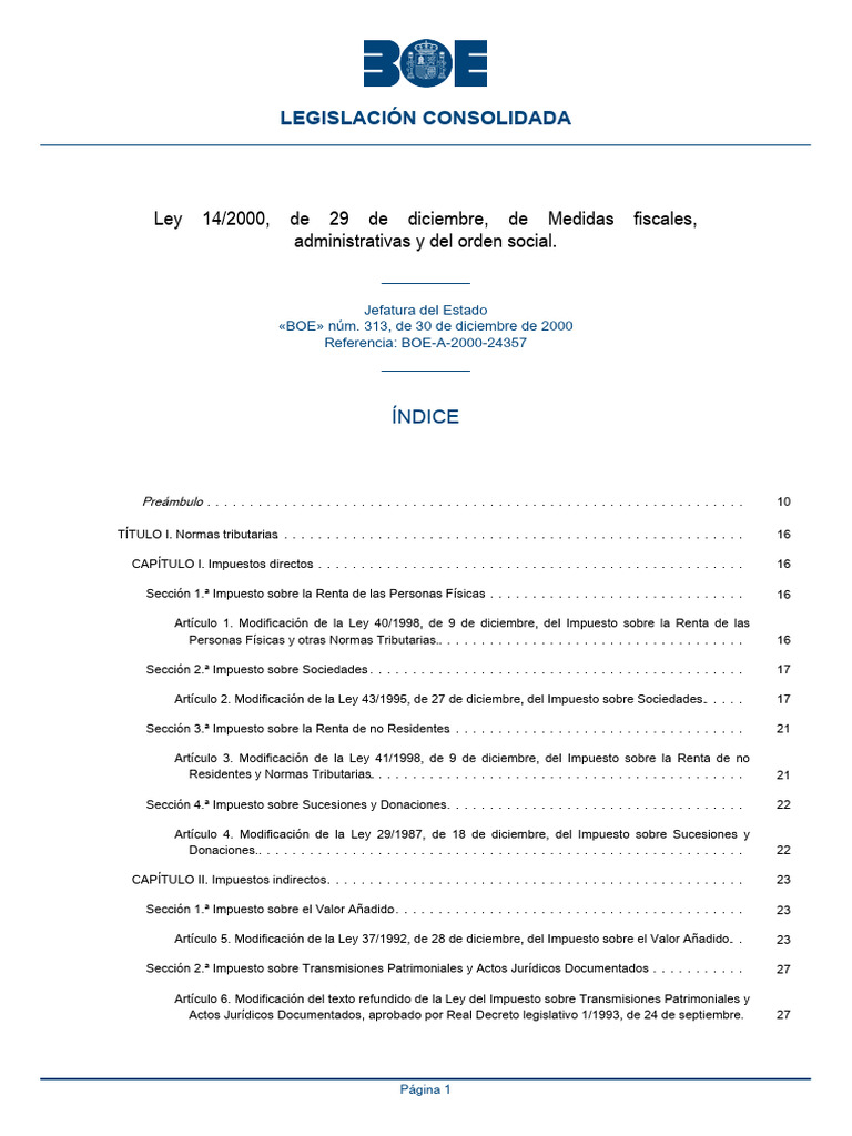 Medidas Fiscales y Adminsistrativas BOE-A-2000-24357-consolidado | PDF | Impuestos | Seguro