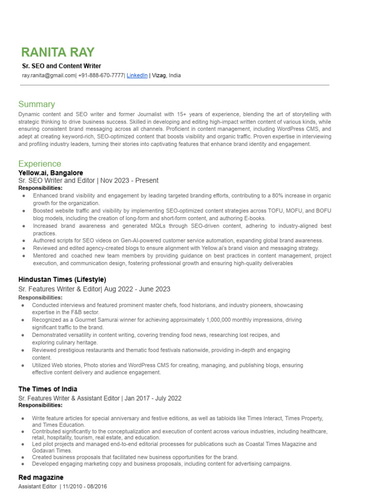 RANITA RAY - Sr. Content and SEO Writer | PDF | Brand | Mass Media