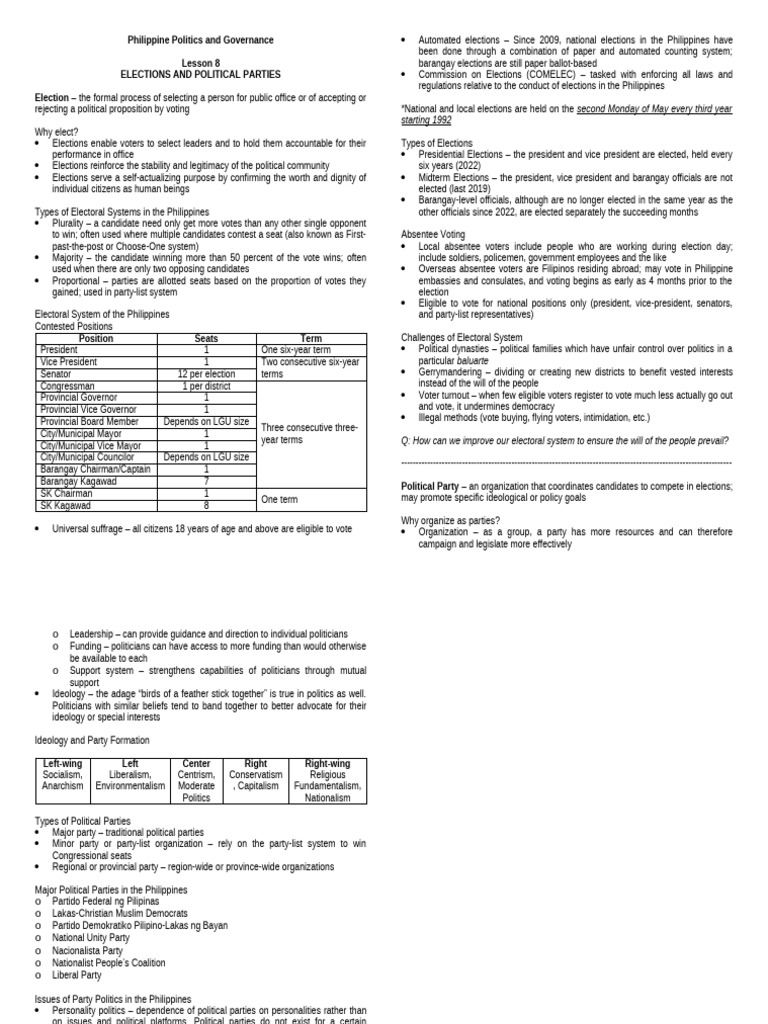 Philippine Elections and Political Parties | PDF | Elections ...