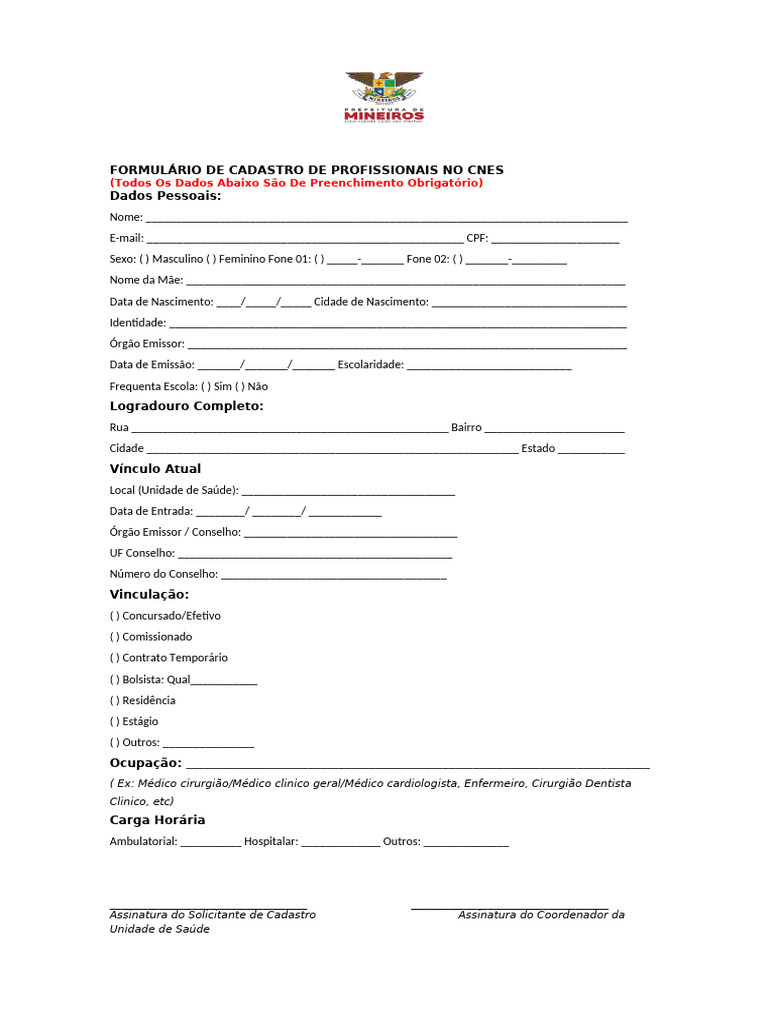Formulário de Cadastro de Profissionais No Cnes | PDF