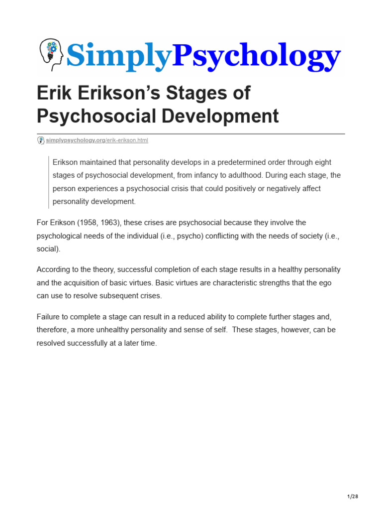 Erik Eriksons Stages of Psychosocial Development | PDF | Identity ...