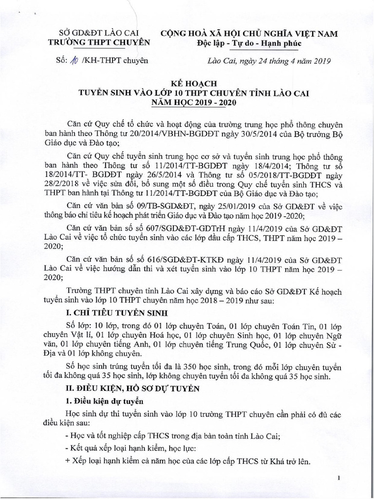 10 KH Tuyen Sinh Vao Lop 10 THPT Chuyen Lao Cai NH 19 20 | PDF