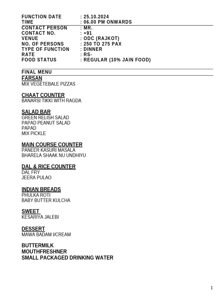 Final Menu 25.10.2024 (Dinner) | PDF