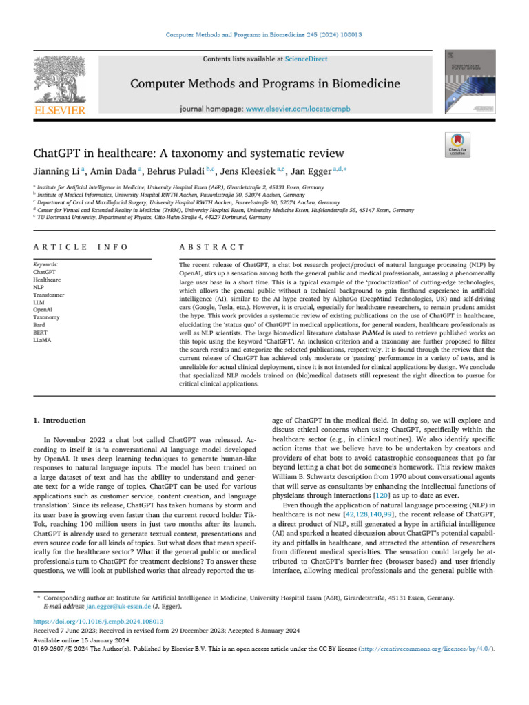 ChatGPT in Healthcare: A Taxonomy and Systematic Review | PDF ...