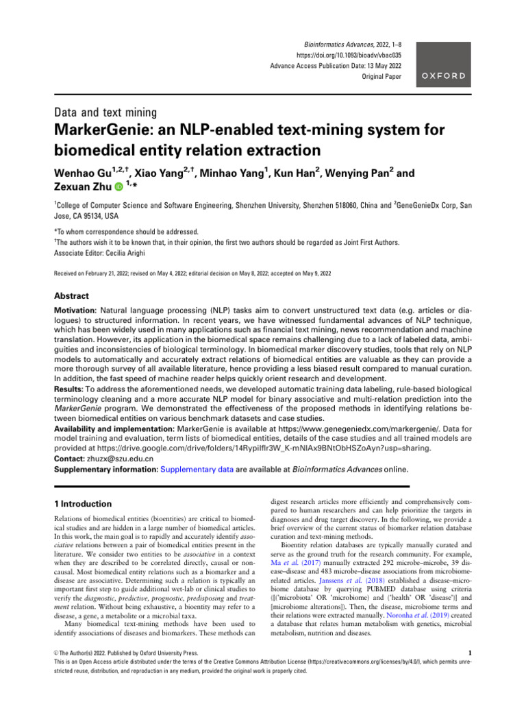 MarkerGenie: An NLP-enabled Text-Mining System For Biomedical Entity ...