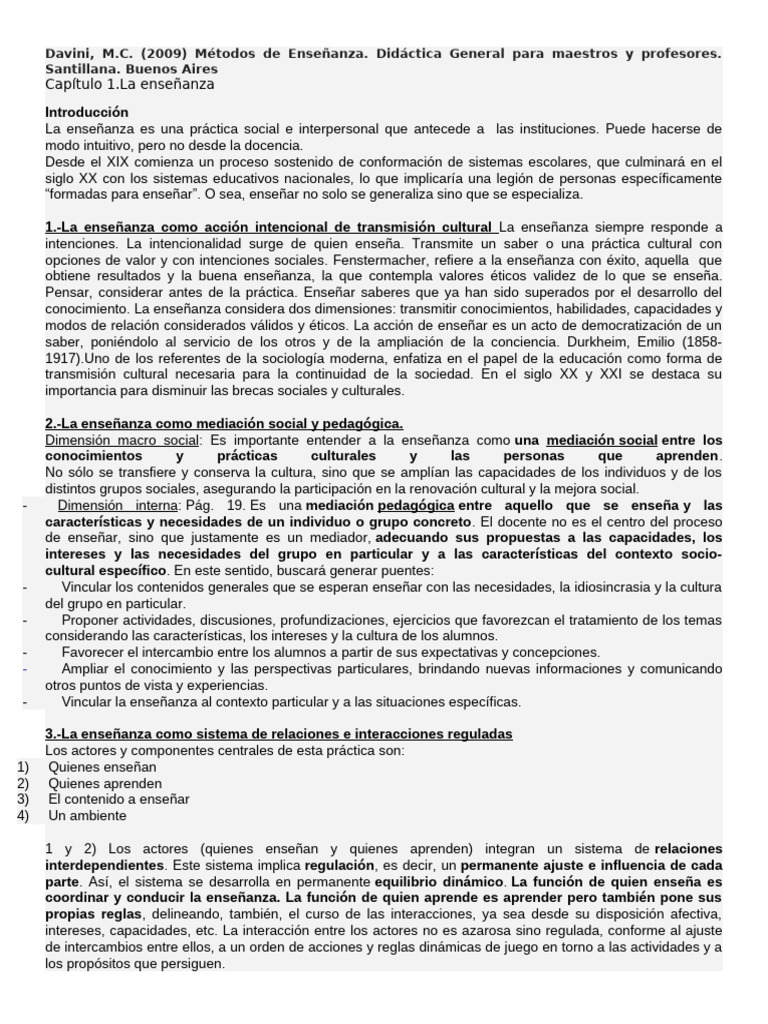 Resumen-Davini MC-Capítulo 1-La Enseñanza | PDF | Enseñando | Aprendizaje