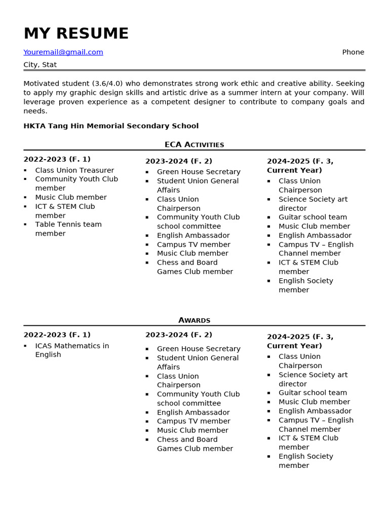 High School Student Resume Sample MSWord Download | PDF
