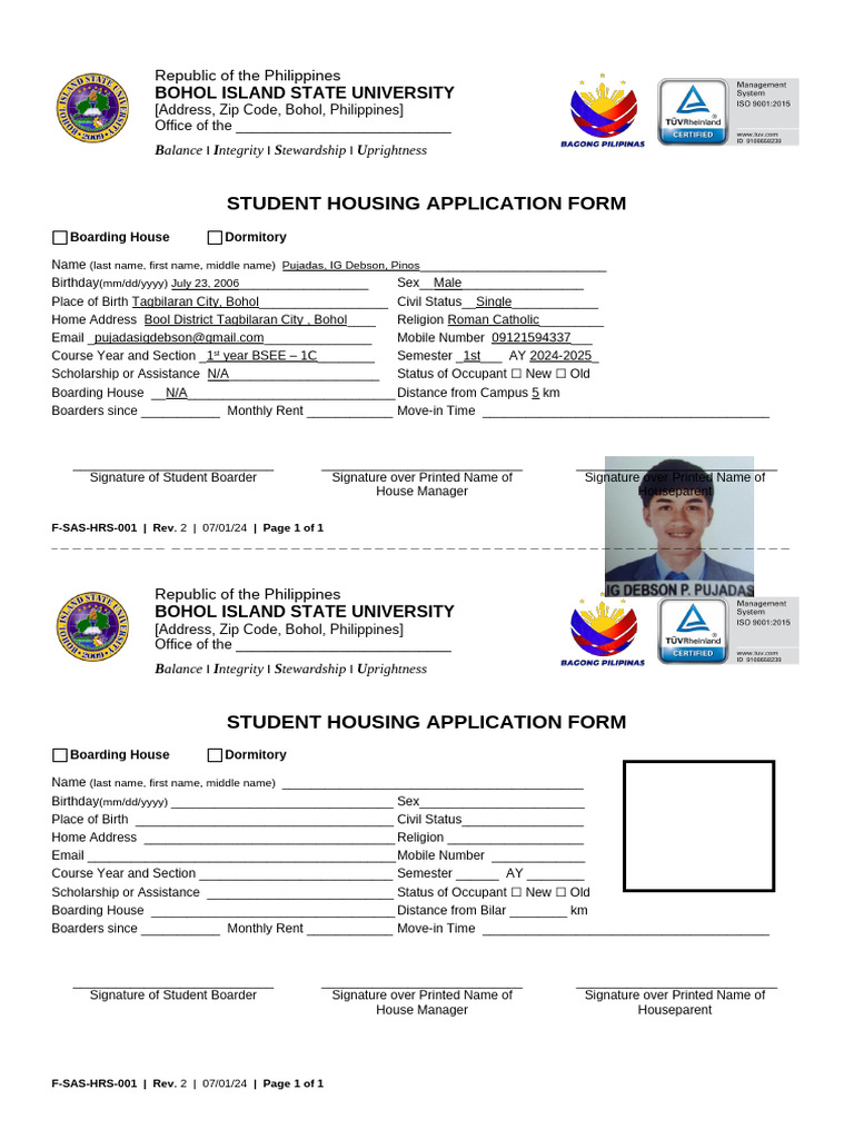 PUJADAS F-SAS-HRS-001-Student-Housing-Application-1 | PDF