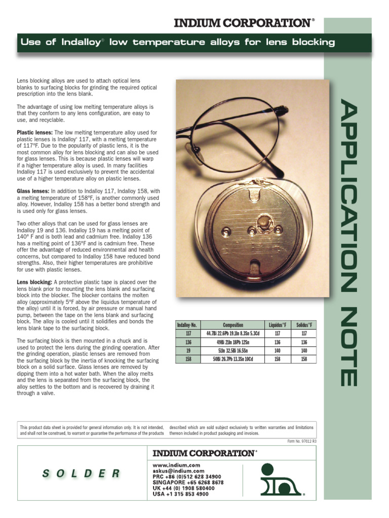 Indalloy Low Temp Alloys For Lens Blocking 97612 R3 | PDF | Glasses ...