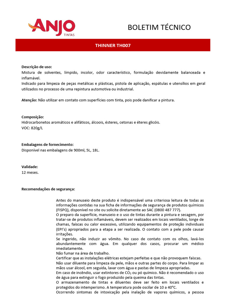 Thinner TH 007 Anjo - Boletim Técnico | PDF | Tinta | Temperatura
