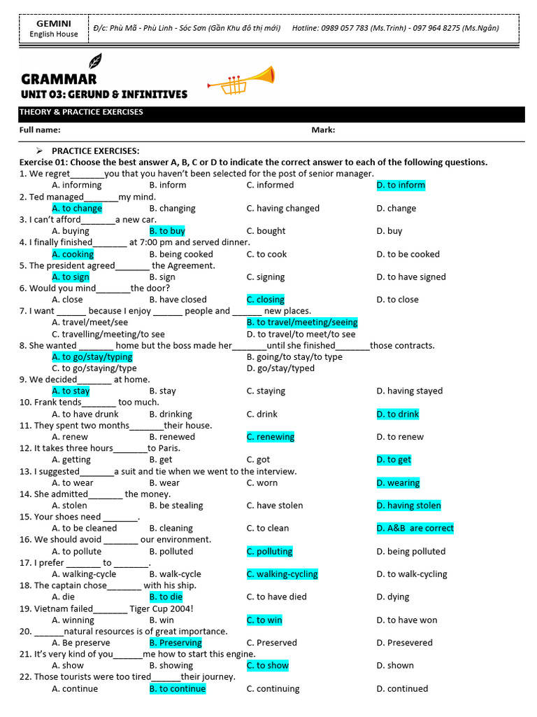 Grammar - Unit 03 - Music (Part 02) - Gerund (KEY) | PDF