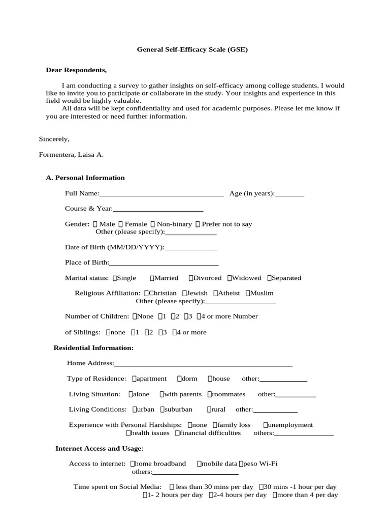 Self Efficacy Questionnaire Pdf Social Psychology Psychology
