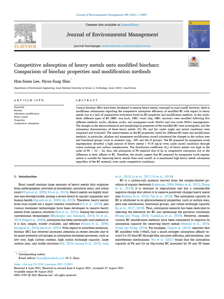 Competitive Adsorption of Heavy Metals Onto Modified Biochars - Comparison of Biochar Properties ...