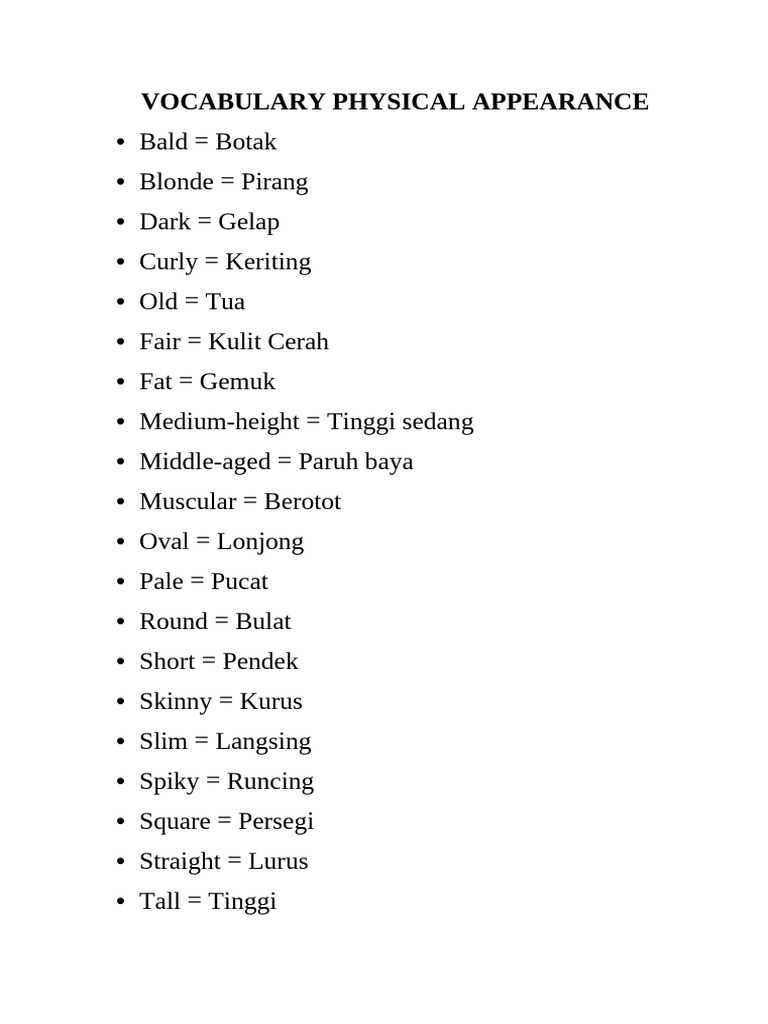 Vocabulary Physical Appearance | PDF